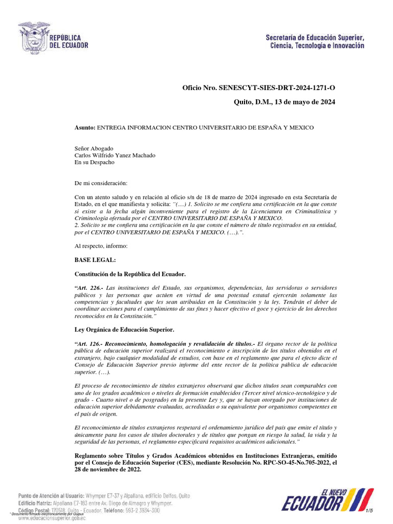 Senescyt Sies DRT 2024 1271 o | PDF | Titulo academico | Educación más alta