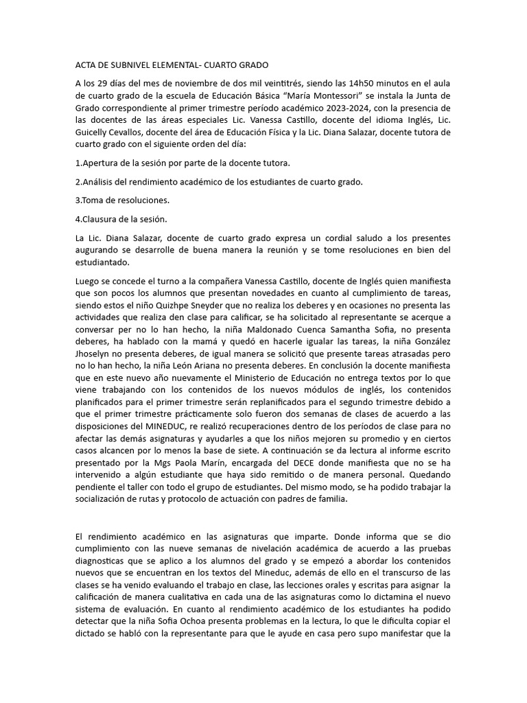 Acta de Subnivel Elemental | PDF