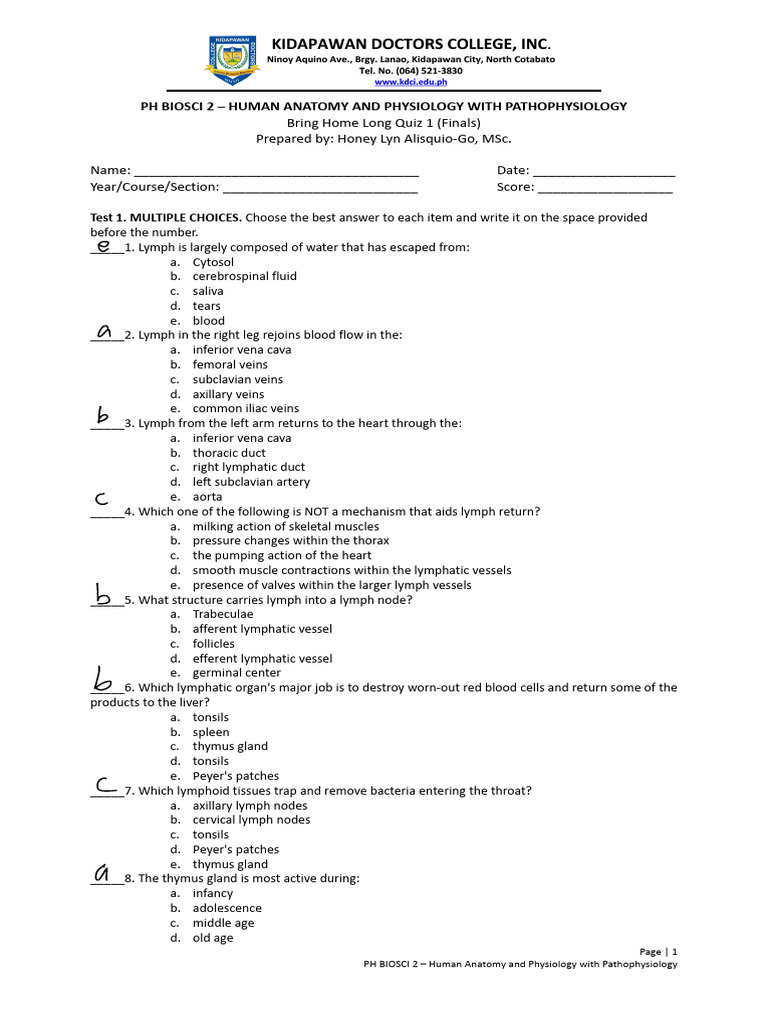 Bring Home Long Quiz 1 Finals Human Anatomy and Physiology | PDF ...