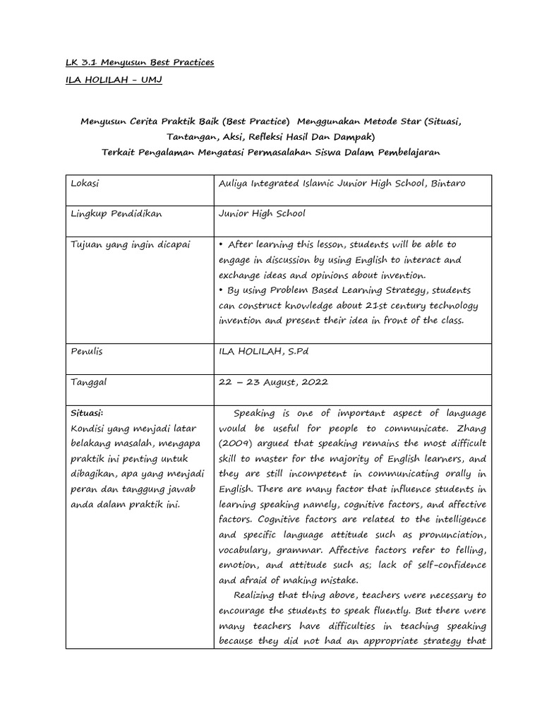 LK 3.1 Menyusun Best Practices - ILA HOLILAH | PDF | Pedagogy | Learning