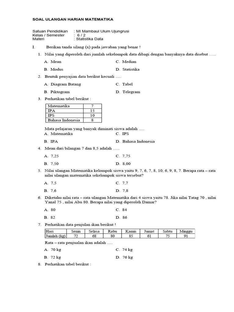 Soal Ulangan Harian Matematika - Statika Data | PDF | Metode & Bahan Ajar