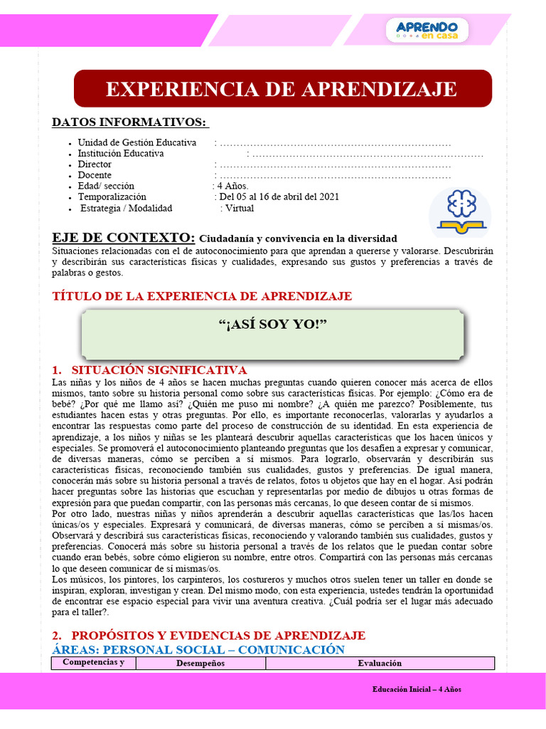 EXPERIENCIA DE APRENDIZAJE 4 AÑOS | PDF | Evaluación | Aprendizaje