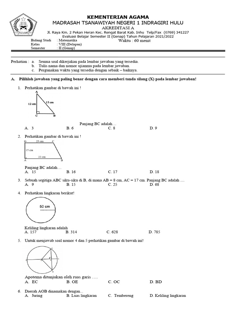 Soal Pas Genap MTK Kelas 8 2022-2023 | PDF | Griya & Taman