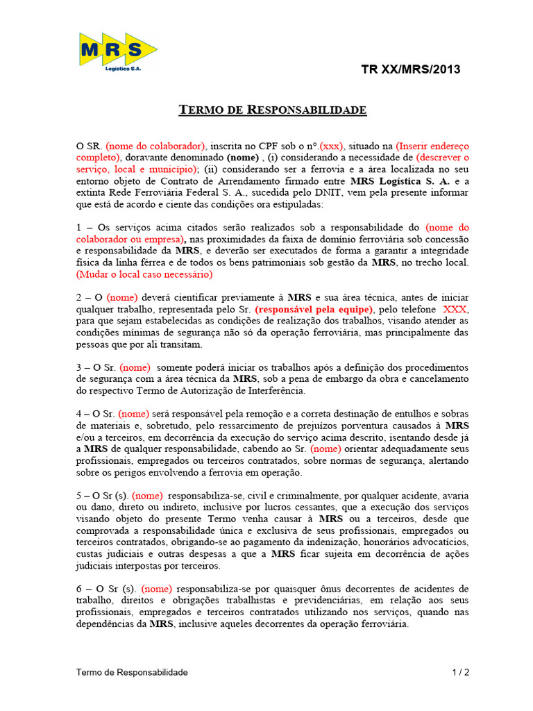 Padrão De Termo De Responsabilidade Pdf Indenização