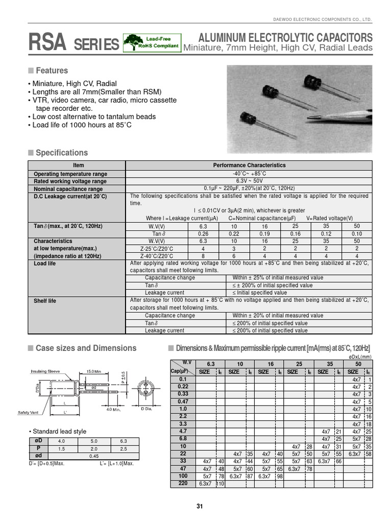 Daewoo-Partsnic (Radial Thru-Hole) RSA Series | PDF | Capacitor ...
