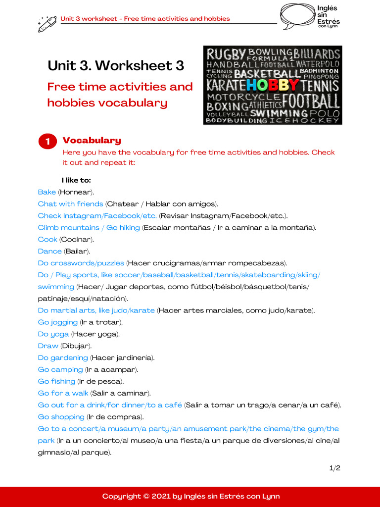 Unit 3. Worksheet 3: Free Time Activities and Hobbies Vocabulary | PDF ...