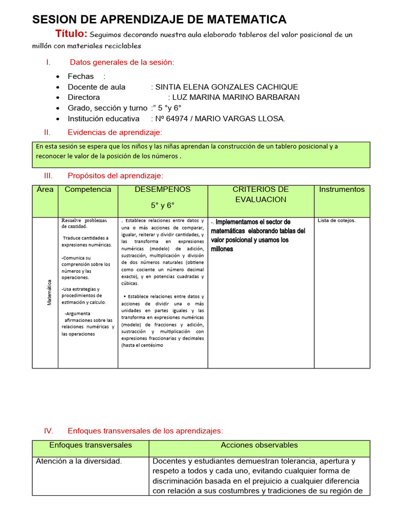 SESION de APRENDIZAJE de MATEMATICA Elaboramos Tablas Del Valor Posicionla | PDF | División ...
