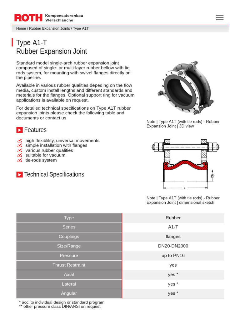ROTH en Type A1T Rubber Expansion Joint Datasheet | PDF | Materials | Building Engineering