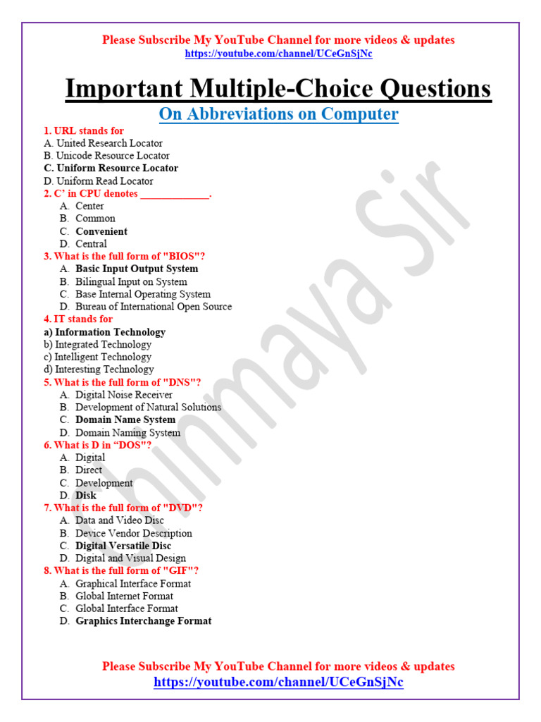 Important MCQ Abbreviations in Computer | PDF | Computer Network | Internet