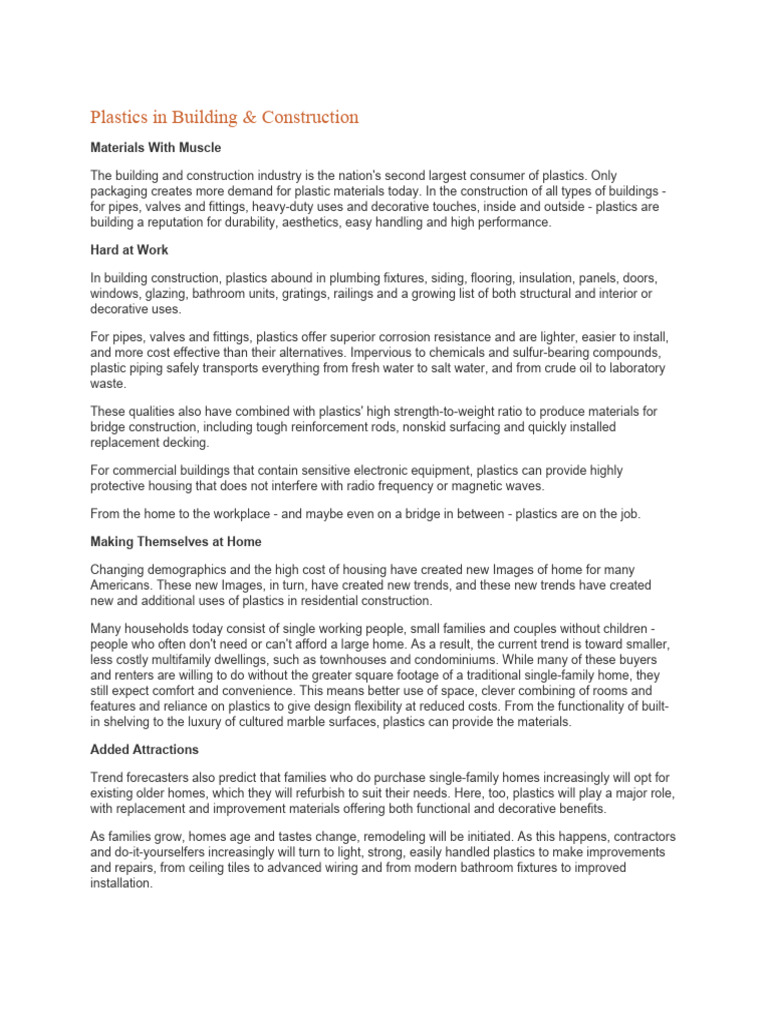 Plastics in Building | PDF | Plumbing | Plastic
