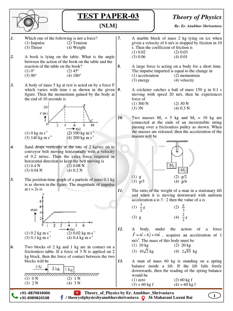 Test Paper - NLM 03 - 27-08-23 | PDF | Force | Friction