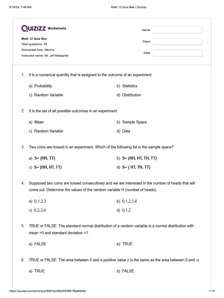 2math 12 Quiz Bee - Quizizz | PDF | Probability Distribution | Null Hypothesis