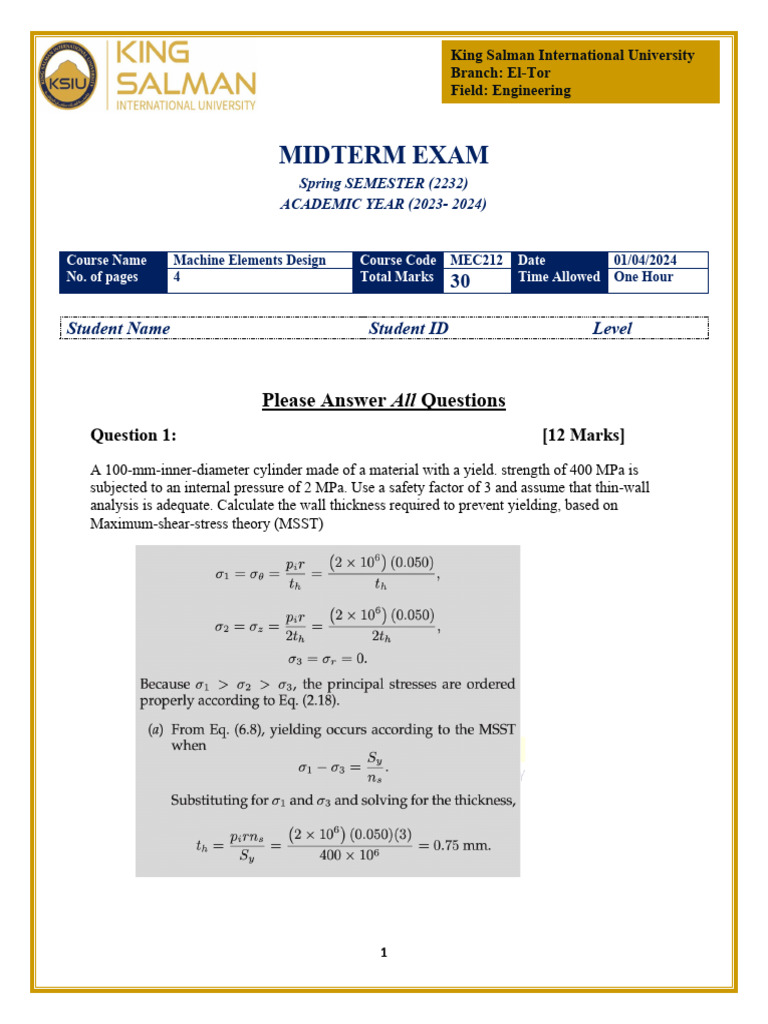 MidTerm Exam - MEC212 - Spring 2024 - Model Answer | PDF | Strength Of ...
