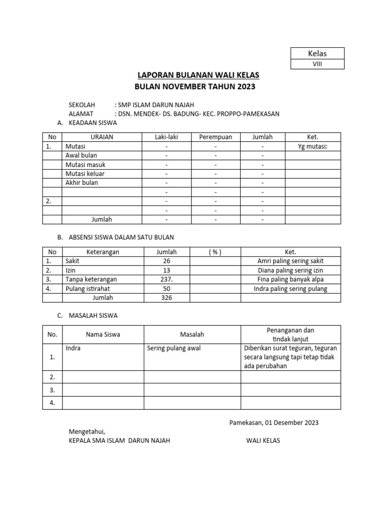 Laporan Bulanan Wali Kelas | PDF