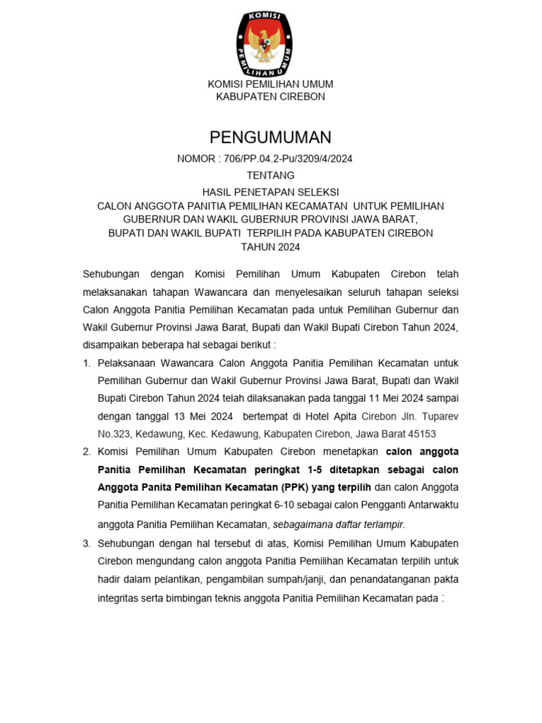 Pengumuman PPK Terpilih Pilkada Tahun 2024 PDF | PDF