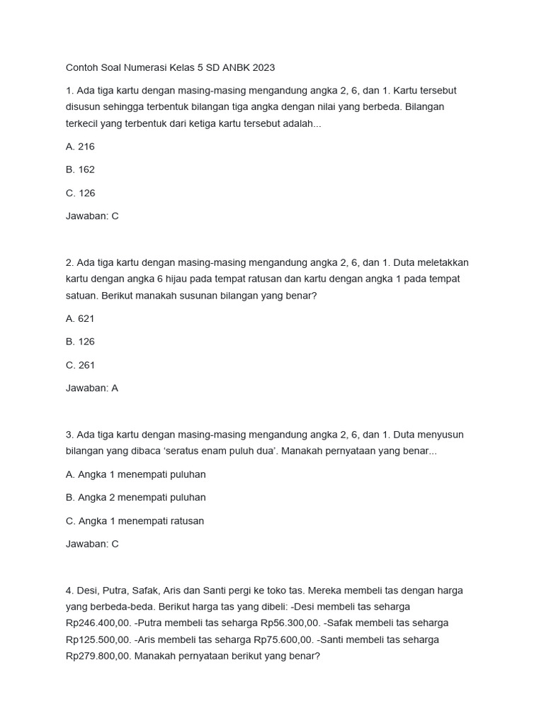 Contoh Soal Numerasi Kelas 5 SD ANBK 2023 | PDF | Olahraga & Rekreasi | Griya & Taman