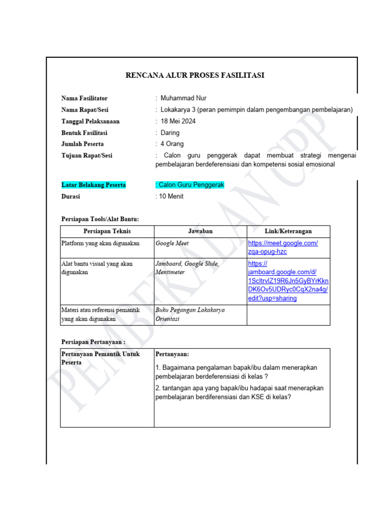 M3. Contoh Rencana Alur Proses Fasilitasi Daring | PDF | Karier ...