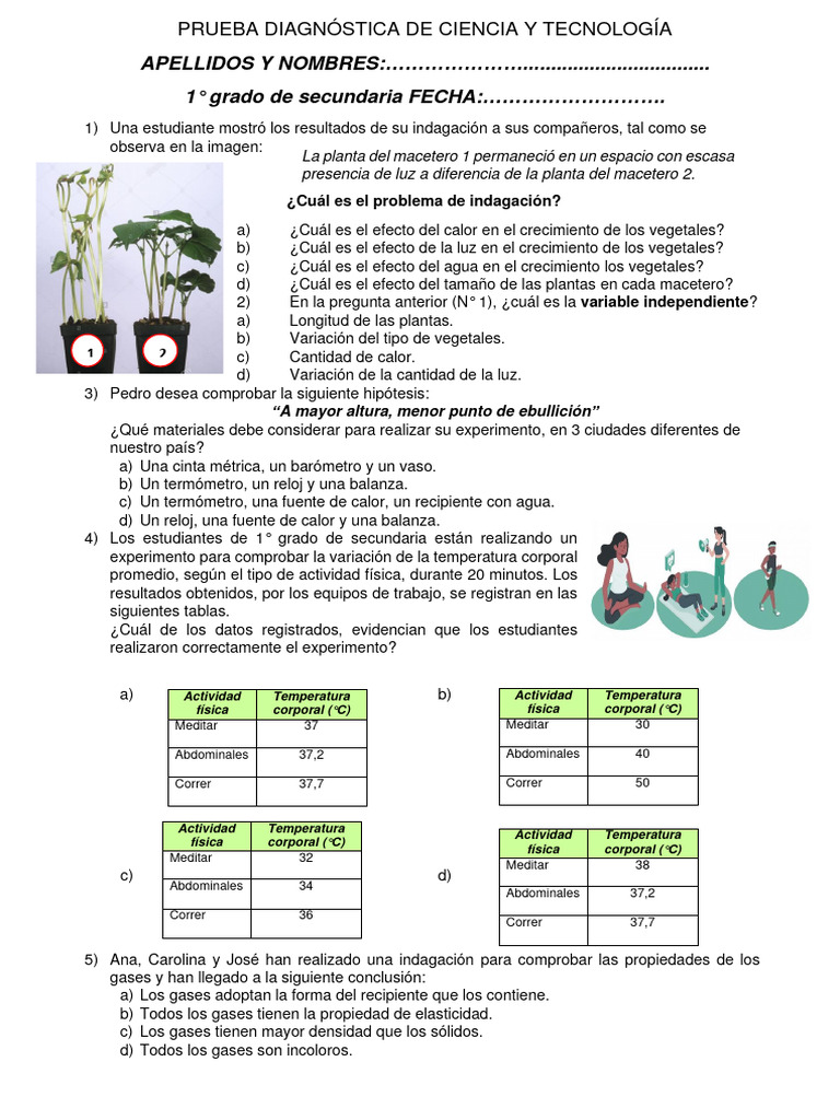 Prueba de Ciencia y Tecnología 1° Secundaria | PDF | Plantas | Calor