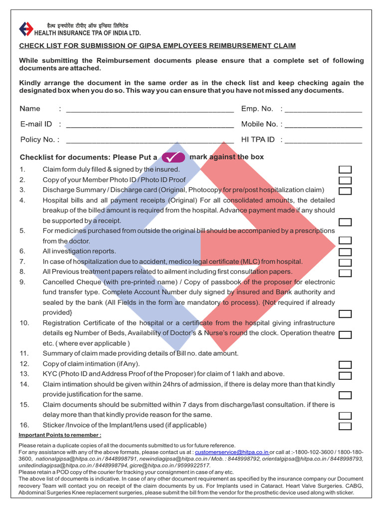 GIPSA and GIC Re Reimbursement Claim Docs Check LIst | PDF | Cheque | Health Care