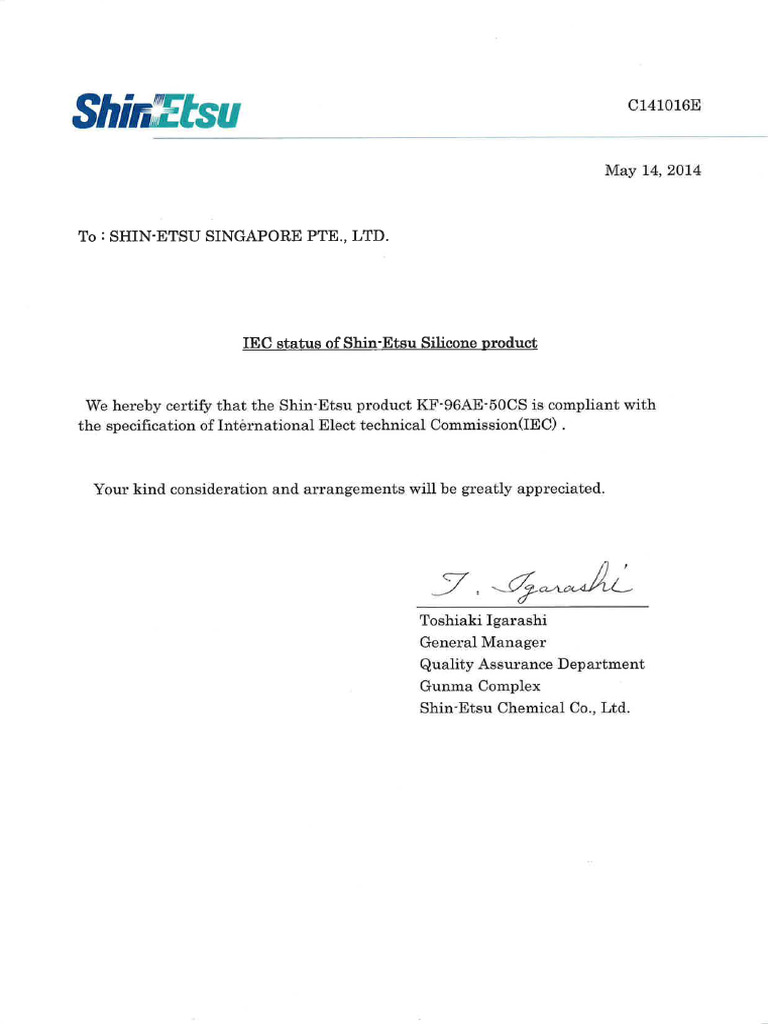 KF96AE-50CS IEC Compliance Letter | PDF