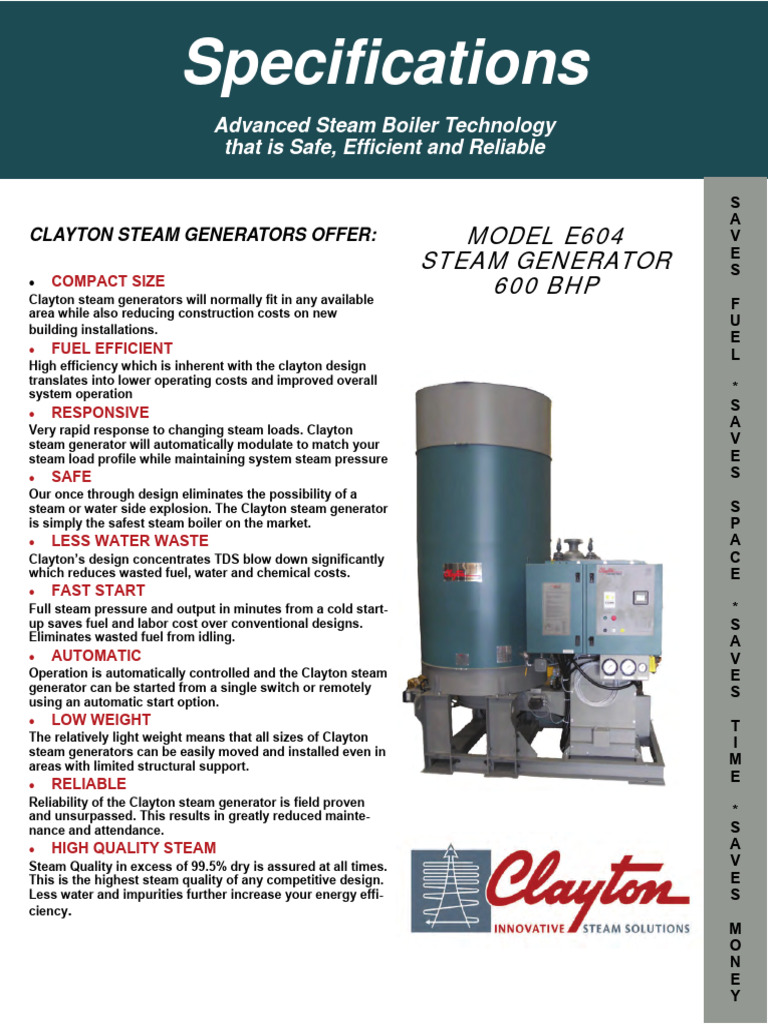 Model E604 600 BHP Steam Generator Specifications 1 | PDF | Boiler | Steam