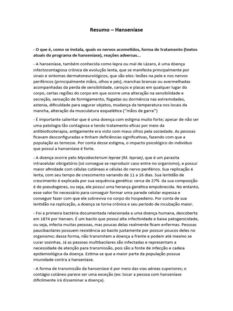 Resumo - Hanseníase | Download grátis PDF | Lepra | Medicina Clínica