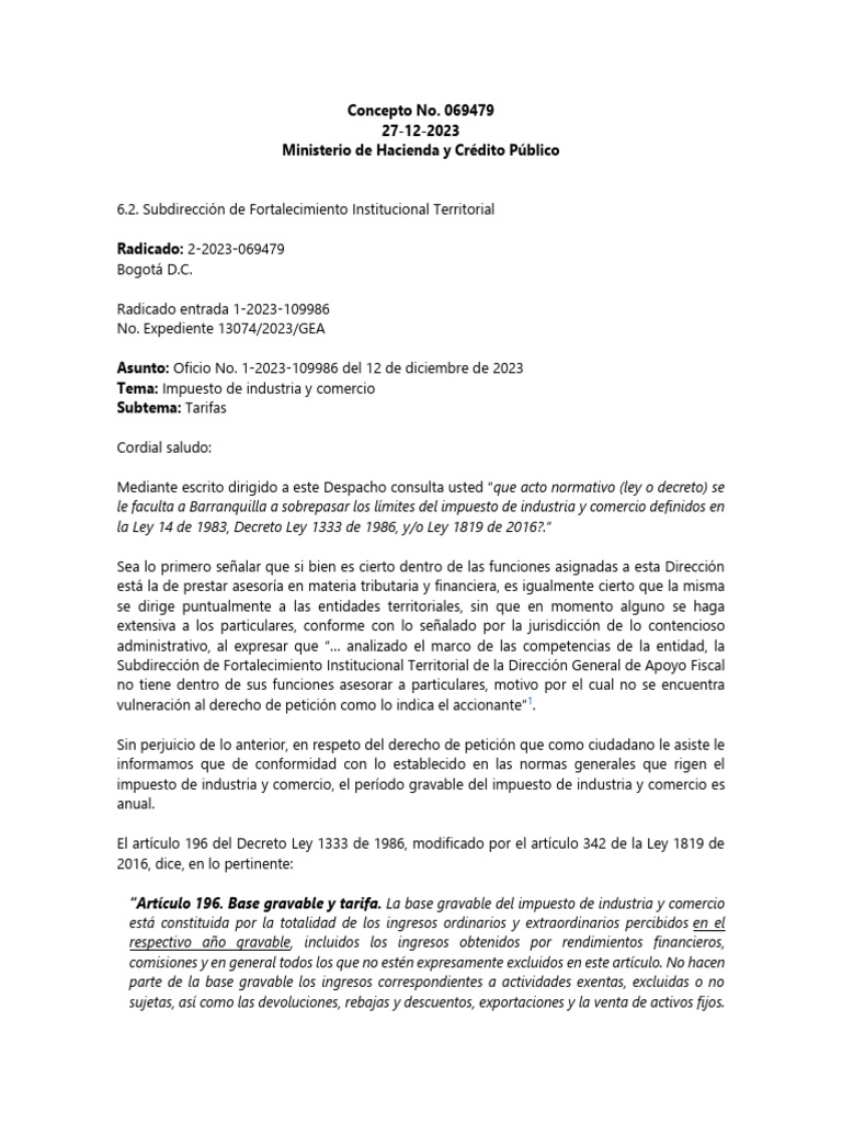 Concepto No. 069479 MHCP DAF ICA Regimen Legal de Las Ciudades Capitales 27dic2023 | PDF ...