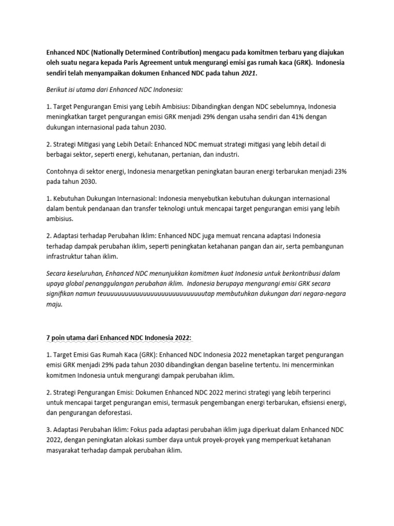 Enhanced NDC Indonesia 2022: Target dan Strategi | PDF