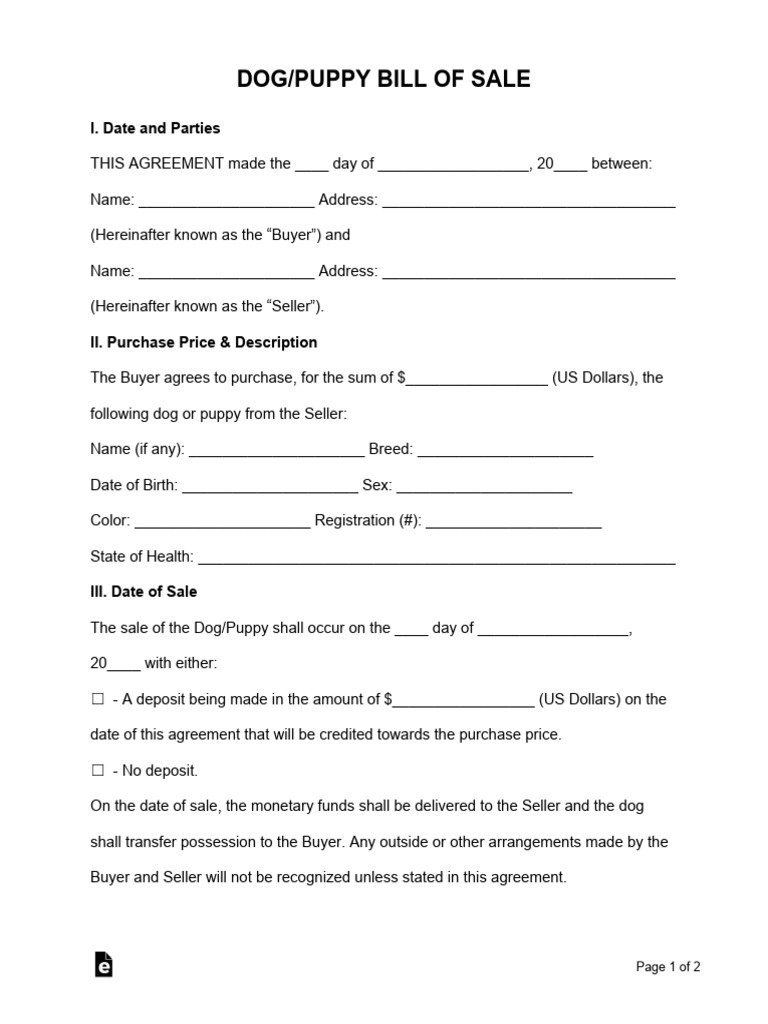 Dog Puppy Bill of Sale Form | PDF | Sales