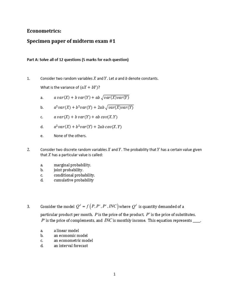 Midterm Exam 1 - Specimen Paper - v3 | PDF | Econometrics | Demand