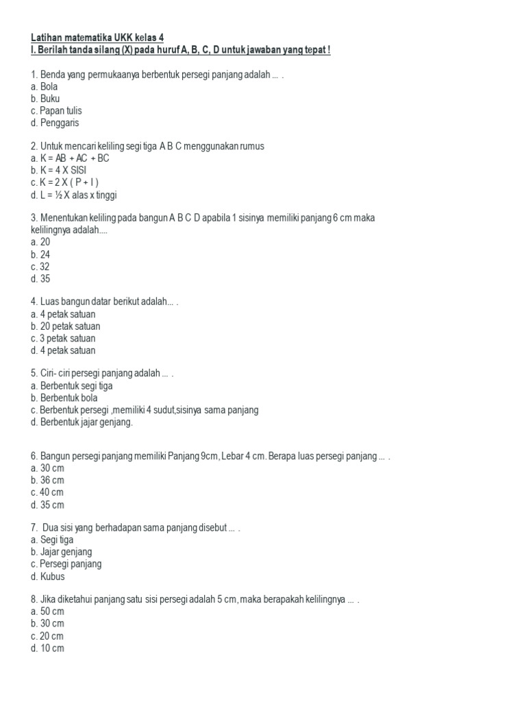 Latihan Matematika UKK Kelas 4 | PDF