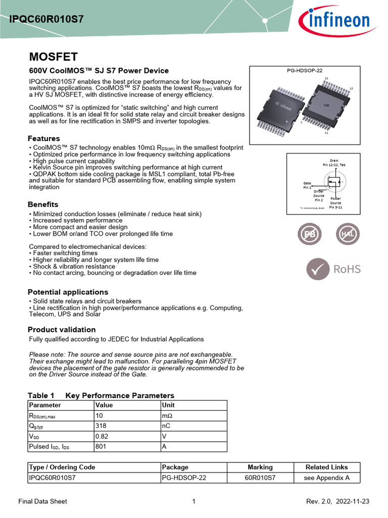 Infineon IPQC60R010S7 DataSheet v02 00 En-3165217 | PDF | Semiconductor Devices | Electrical ...