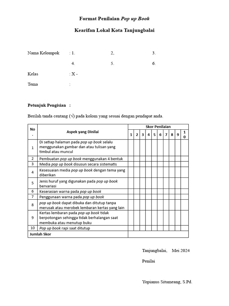 Format Penilaian Pop Up Book | PDF