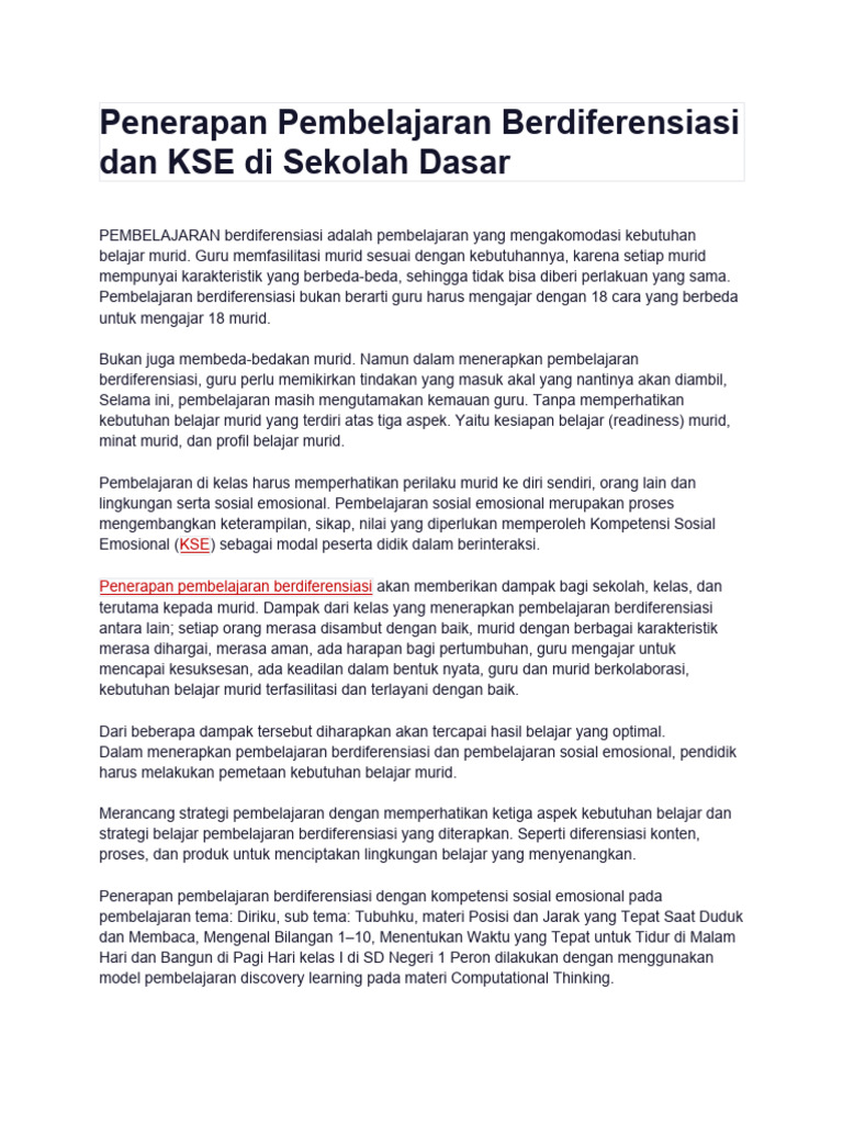 Penerapan Pembelajaran Berdiferensiasi Dan KSE Di Sekolah Dasar | PDF