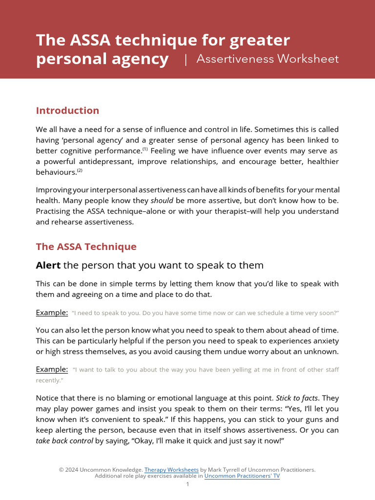 Assertiveness Worksheet - Mark Tyrrell Uncommon Knowledge | PDF ...