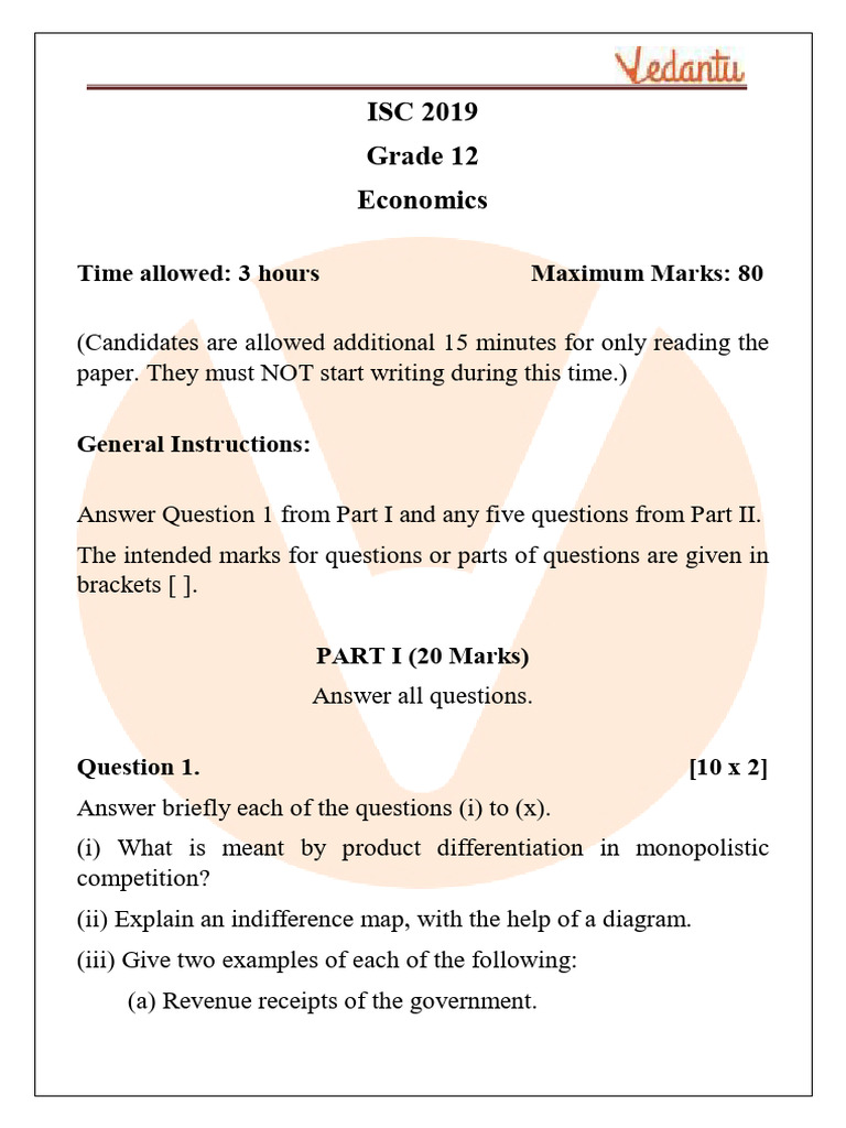 ISC Class 12 Economics Question Paper 2019 | PDF | Demand | Economic ...
