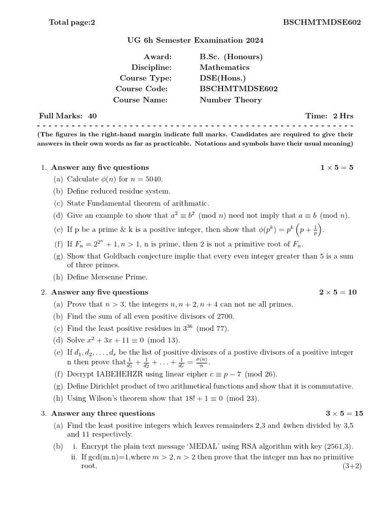 Number Theory Exam Questions 2024 | PDF | Prime Number | Mathematics