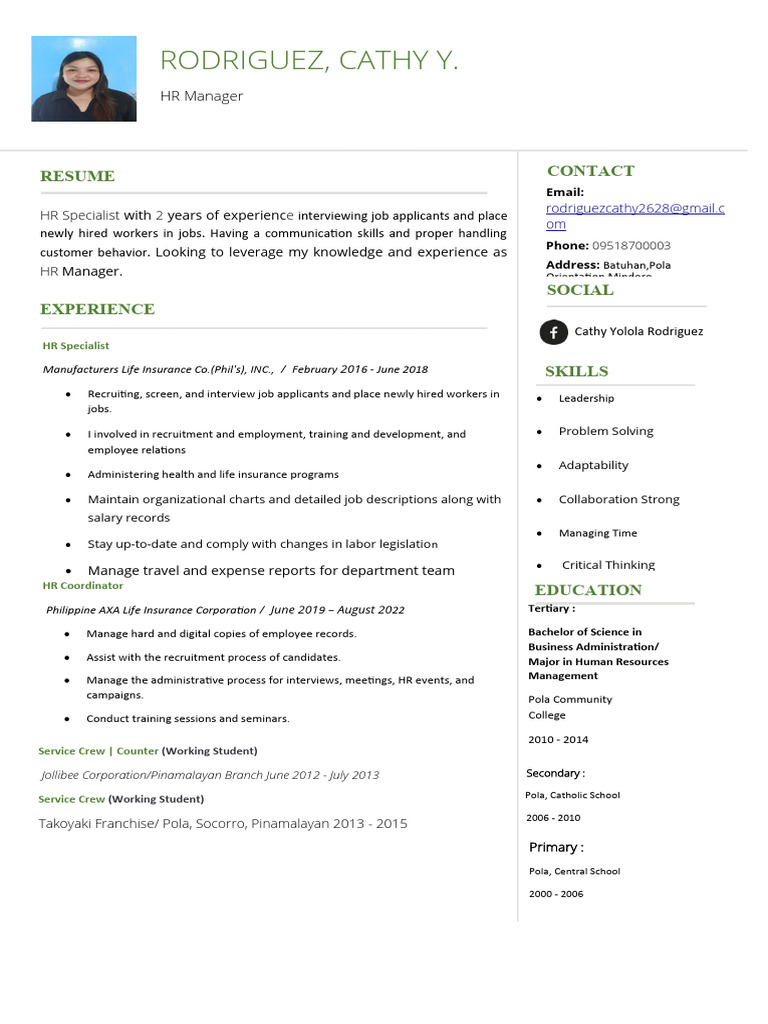 Rodriguez, Cathy Y.: Resume Objective Contact | PDF | Recruitment | Employment