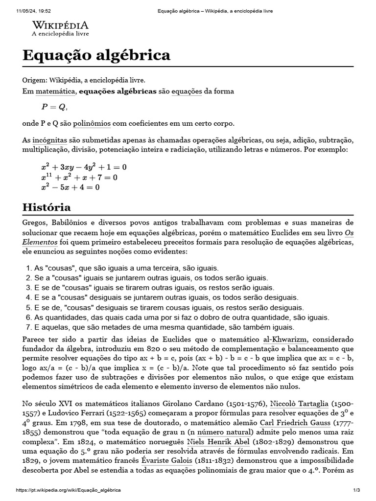 História das Equações Algébricas | PDF | Equações | Álgebra abstrata