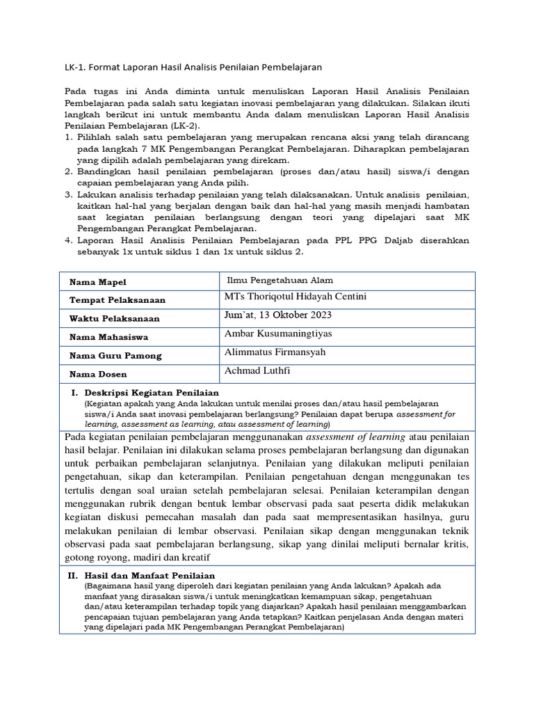 Format Hasil Asesmen Pembelajaran - Ambar Kusumaningtiyas | PDF