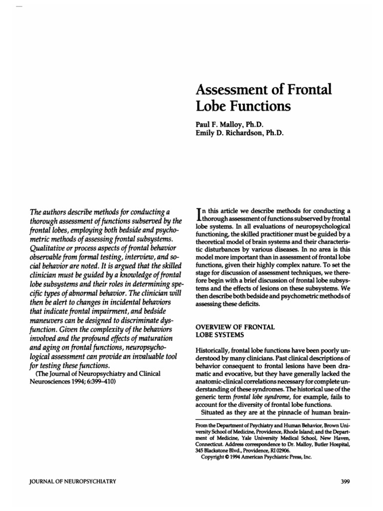 Assessment of Frontal Lobe Functions | PDF | Frontal Lobe | Somatosensory System
