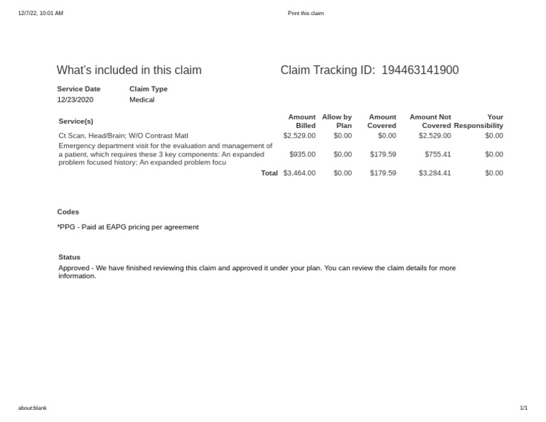 Medical Claim Summary for 12/23/2020 | PDF | Finance & Money Management