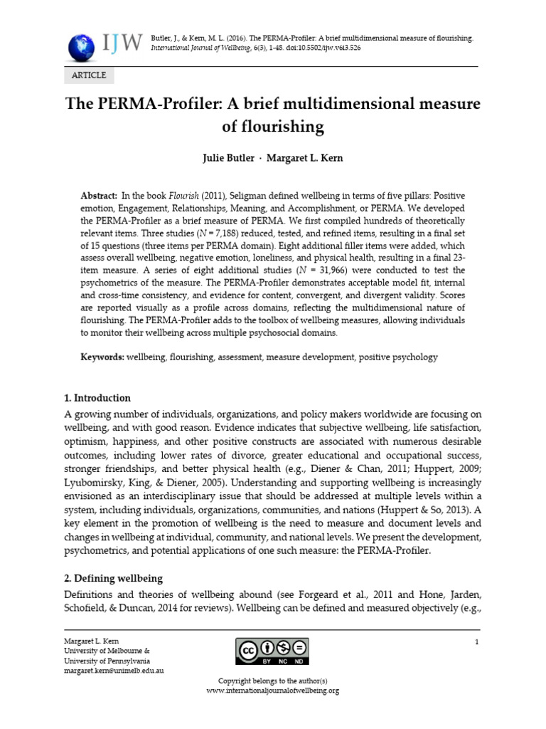The PERMA Profiler | PDF | Well Being | Positive Psychology