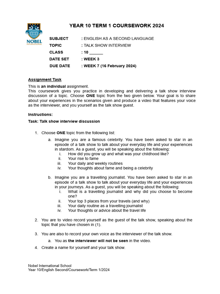 Year 10 Esl Term 1 Coursework Brief 2024 | Download Free PDF | English ...
