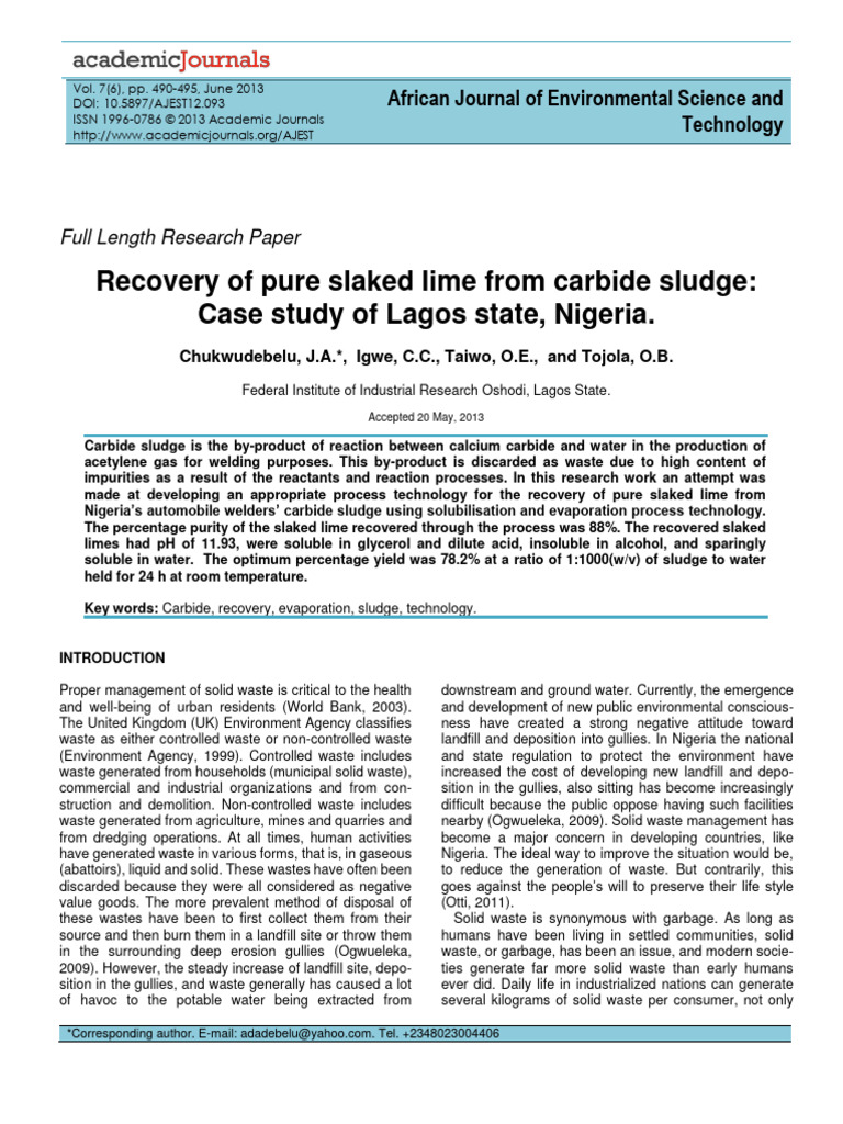 Recovery of Slaked Lime from Carbide Sludge | PDF | Waste | Chemistry