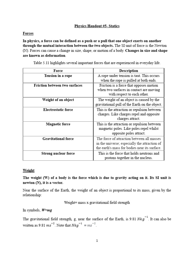 Physics Handout #5 - Statics | Download Free PDF | Force | Lever