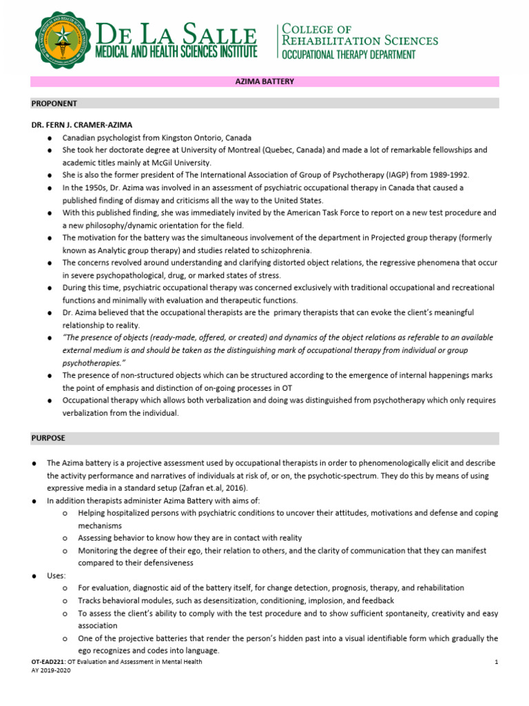 5 AZIMA Handout | PDF | Psychotherapy | Occupational Therapy