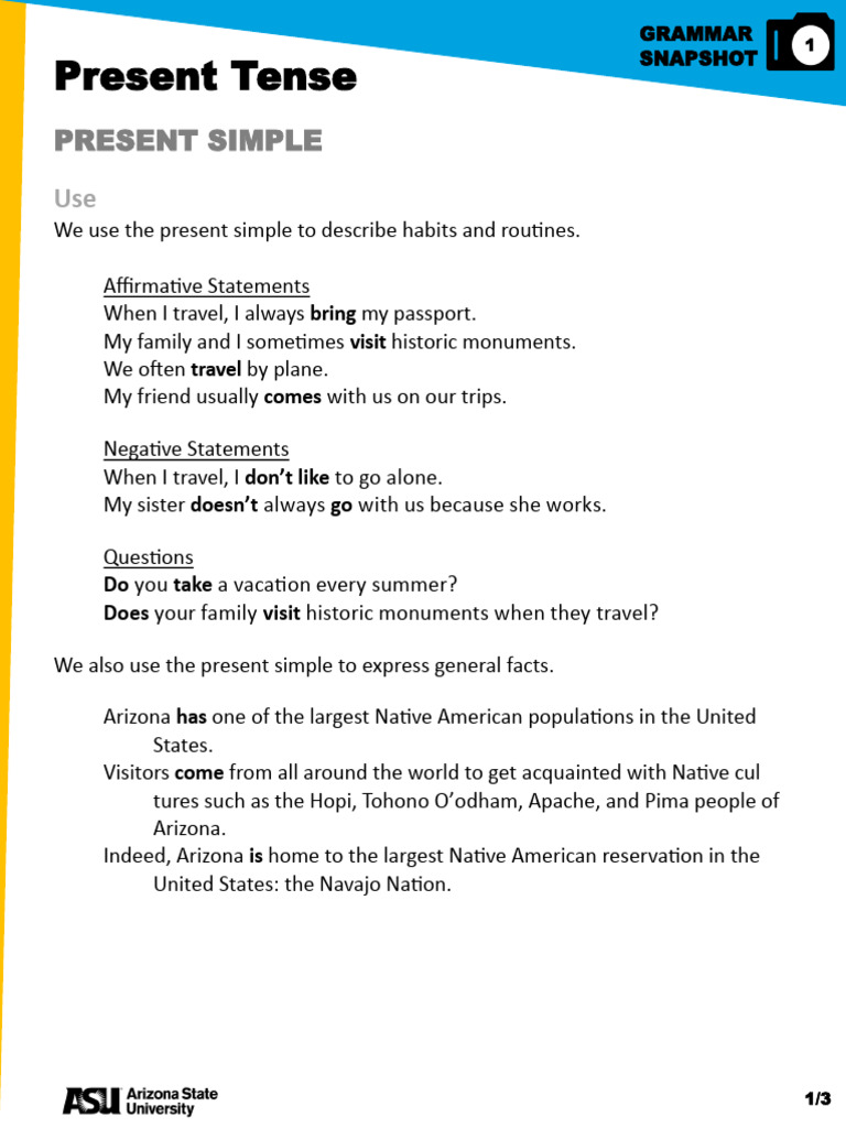 Grammar Snapshot 1- Present Tense | PDF | Verb | Grammatical Tense