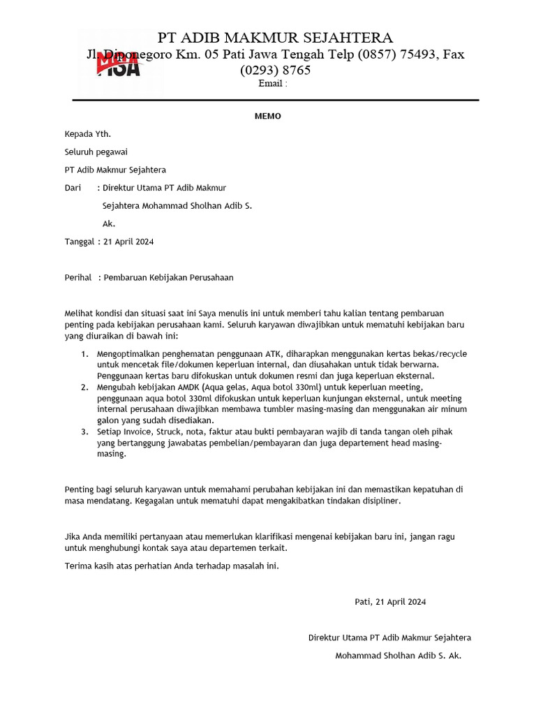 Pembaruan Kebijakan PT Adib 2024 | PDF | Bisnis