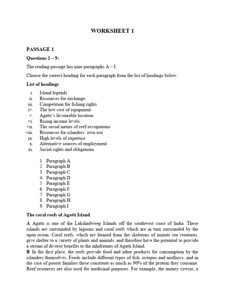 Reading Worksheet 1 | PDF | Coral Reef | Sea
